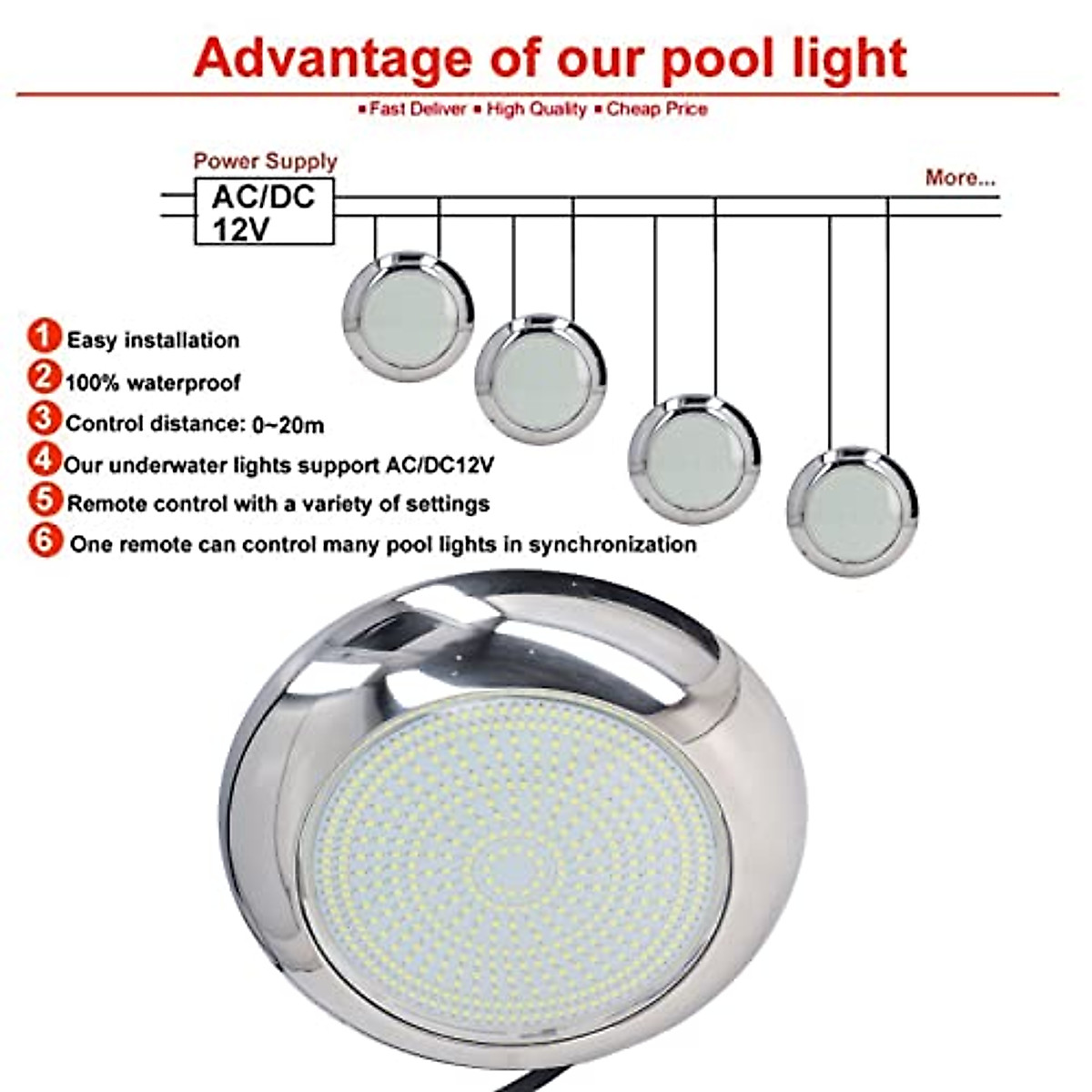DJDK Pond Lights,Stainless Steel LED Pool Light 12V 35W White Color IP68 Waterproof LED Underwater Pond Lights with 468 Light Chips for Garden Swimming Pools(Shell Without Pattern)