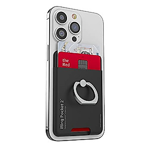iRing Pocket, Made in Korea, Card Cell Phone Ring Grip Holder. Holds 2 Cards. Phone Wallet Card Holder with Finger Grip. Compatible with iPhone, Galaxy, Other Android Smartphones.(Black)