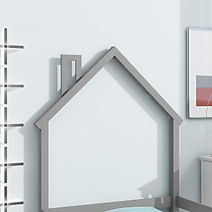 Twin Size Floor Bed Wooden Montessori Floor Bed with House-Shaped Headboard and Fence Guardrails Twin Bed Frame for Girls and Boys, No Weight Limit, Gray