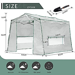 MeetLeisure Walk-in Greenhouse 8.5 Ft x 7 Ft Pop-up Outdoor Green House Plant Gardening Canopy, Roll-up Zipper Entry Doors and 3 Large Roll-Up Side Windows with Garden Hand Shovel(Medium, White)