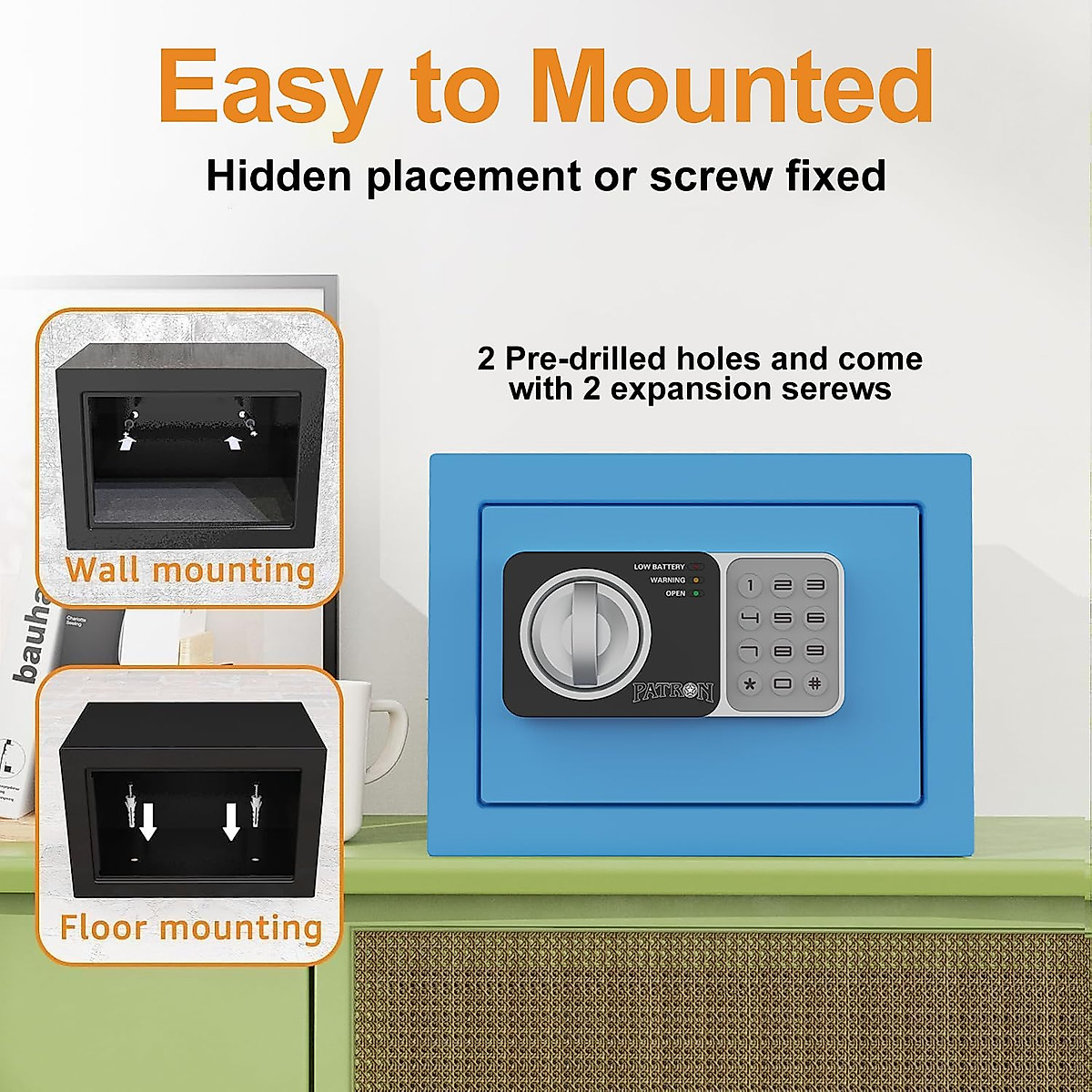 PATRON small safe box with key，mini safe for money，small coin safes for home with code，little jewelry lock box for kids，Wall or Cabinet Safe for personal items，0.236 Cubic Feet Blue