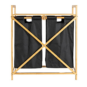 Household Essentials Bamboo Pull Out Double Hamper with Shelf, Natural and Black