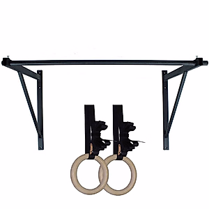 Titan HD Wall Mounted Pull Up Chin Up Bar with 8 in. Wood Olympic Gymnastic Rings - 1.5 in. W Heavy Duty Thick Straps &