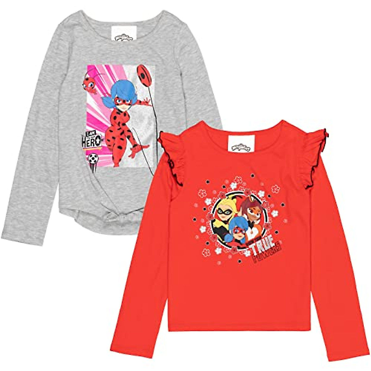 Miraculous Ladybug Cat Noir Rena Rouge Little Girls 2 Pack Ruffle T-Shirts Gray/Red 4-5