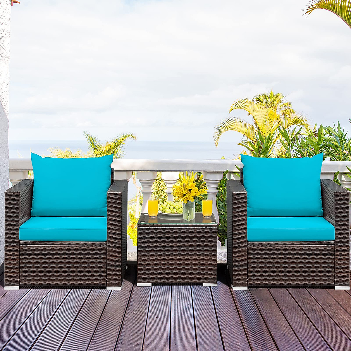 HAPPYGRILL 3 Pieces Patio Furniture Set PE Rattan Wicker Sofa Set with Cushions and Coffee Table Outdoor Patio Conversation Set for Garden Poolside Balcony