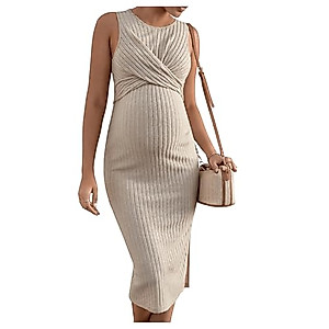MakeMeChic Women's Maternity Ribbed Knit Sleeveless Criss Cross Tie Back Split Midi Bodycon Tank Dress Khaki L