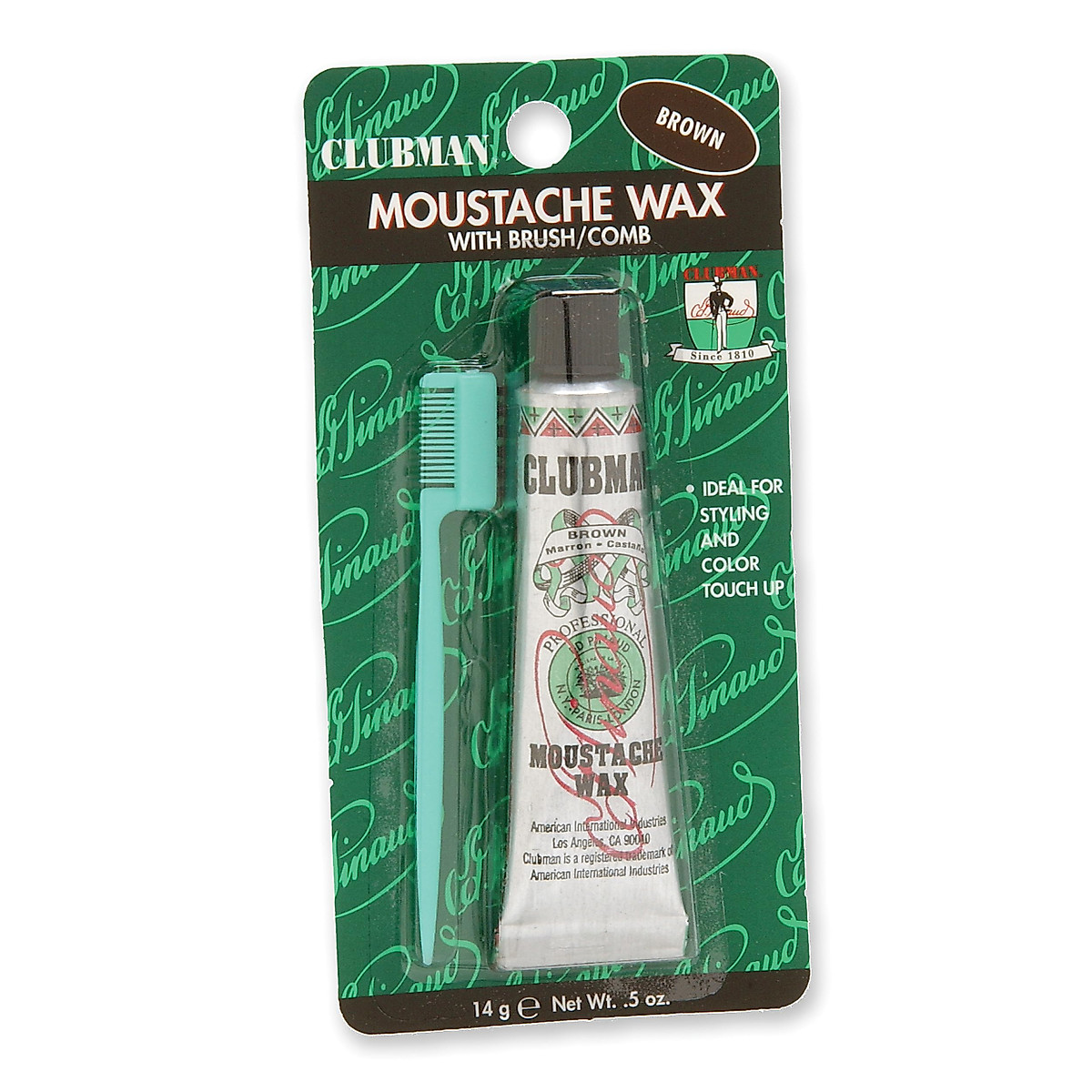 Clubman Pinaud Moustache Wax with Free Brush/Comb Applicator Brown, 0.5 Ounce