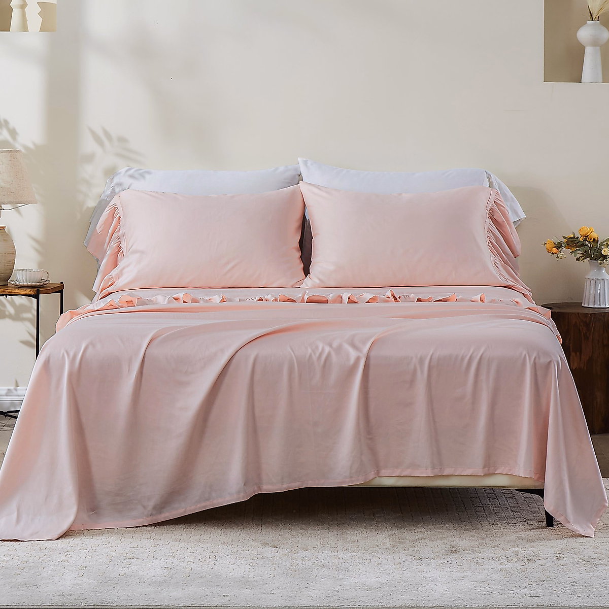 Simple&Opulence 100% Organic Cotton Sheet Set, Long Ruffle Bed Sheets (1 Flat Sheet, 1 Fitted Sheet and 1 Pillowcase) Elegant Shabby Chic Bedding Farmhouse Charming Vintage - Pink, Twin