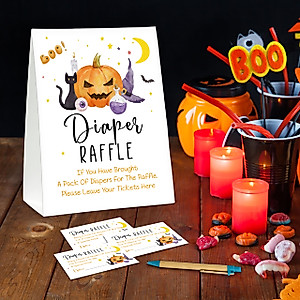 Halloween Diaper Raffle Game Sign And Tickets, Happy Halloween Baby Shower Invitations Game Sets Decorations Celebrated The Upcoming Baby's Arrival, 1 Standing Card With 50 Raffle Tickets -A01