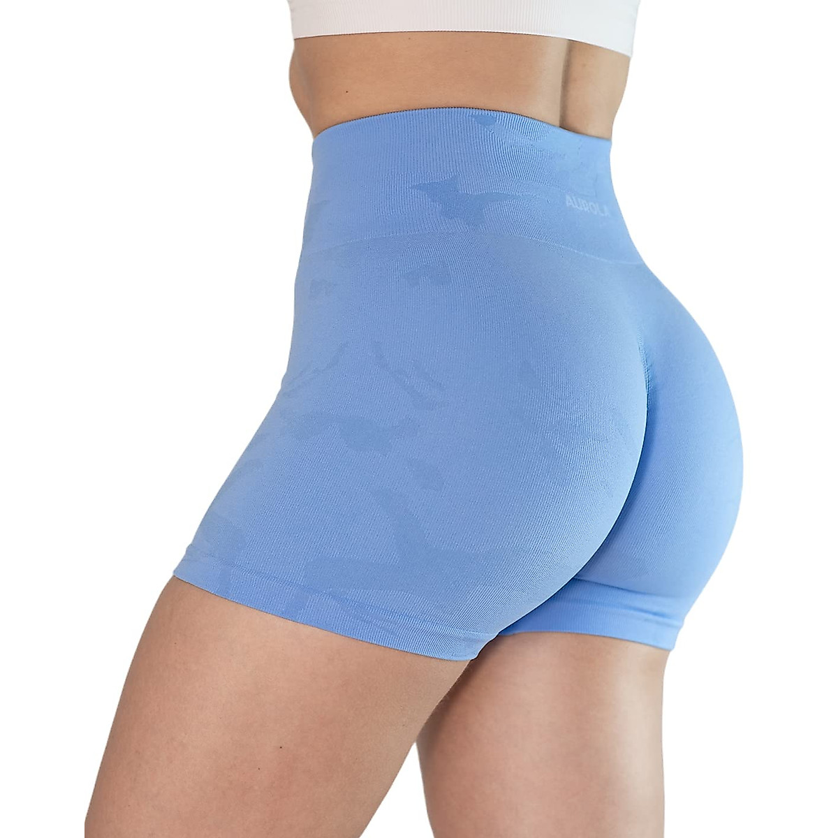 AUROLA CAMO Collection Workout Shorts for Women Subtle Logo Seamless Scrunch Gym Yoga Running Active Short,CAMO-Serenity Blue,M
