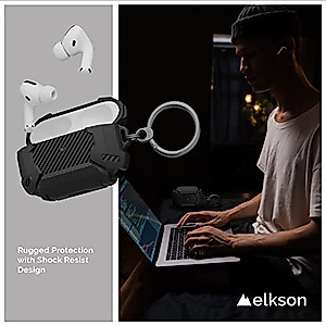 elkson Compatible with AirPods Pro Case, Secure Case Cover with Keychain Hard Shell Protective Bumper Carbon Fiber Full Body Shockproof for AirPod Pro, Black Exia Series Front LED Visible