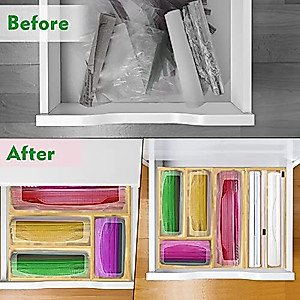 6 in 1 Ziplock Bag Organizer, Separate Bamboo Plastic Bag Organizer, Foil Dispenser with Cutter, with Acrylic Lid, Label, for Sandwich Snack Gallon Quart Bag, for Housewarming Mother's Day Gifts
