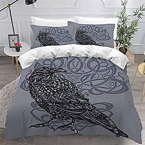 Quilt Cover Full Size Odin, Crow 3D Bedding Sets Viking, Nordic Duvet Cover Breathable Hypoallergenic Stain Wrinkle Resistant Microfiber with Zipper Closure,beding Set with 2 Pillowcase