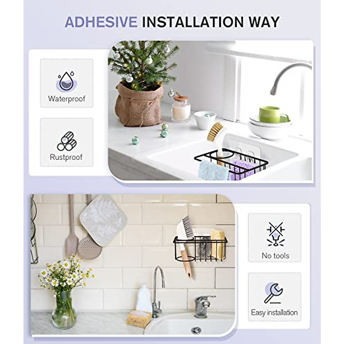 VIS'V 3 in 1 Sink Caddy Sponge Holder, 304 Stainless Steel Adhesive Kitchen Sink Basket Sponge Holder Brush Holder Dishcloth Hanger Kitchen Sink Accessories Organizer Rack with 2 Suction Cups - Black