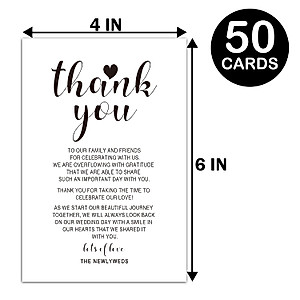 50 Wedding Reception Thank You Cards - Wedding Place Setting Cards Wedding, Rehearsal Dinner Thank You Table Sign for Your Table Centerpiece, Wedding Decorations.4 x 6 Inch