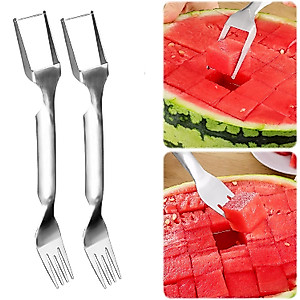 Generic Watermelon Fork Slicer Cutter,Portable Stainless Steel 2-in-1 Watermelon Fork Slicer, Watermelon Cutter Slicer Tool Fruit Forks Slicer for Home Party Camping Kitchen Gadget(2pcs), dsf451