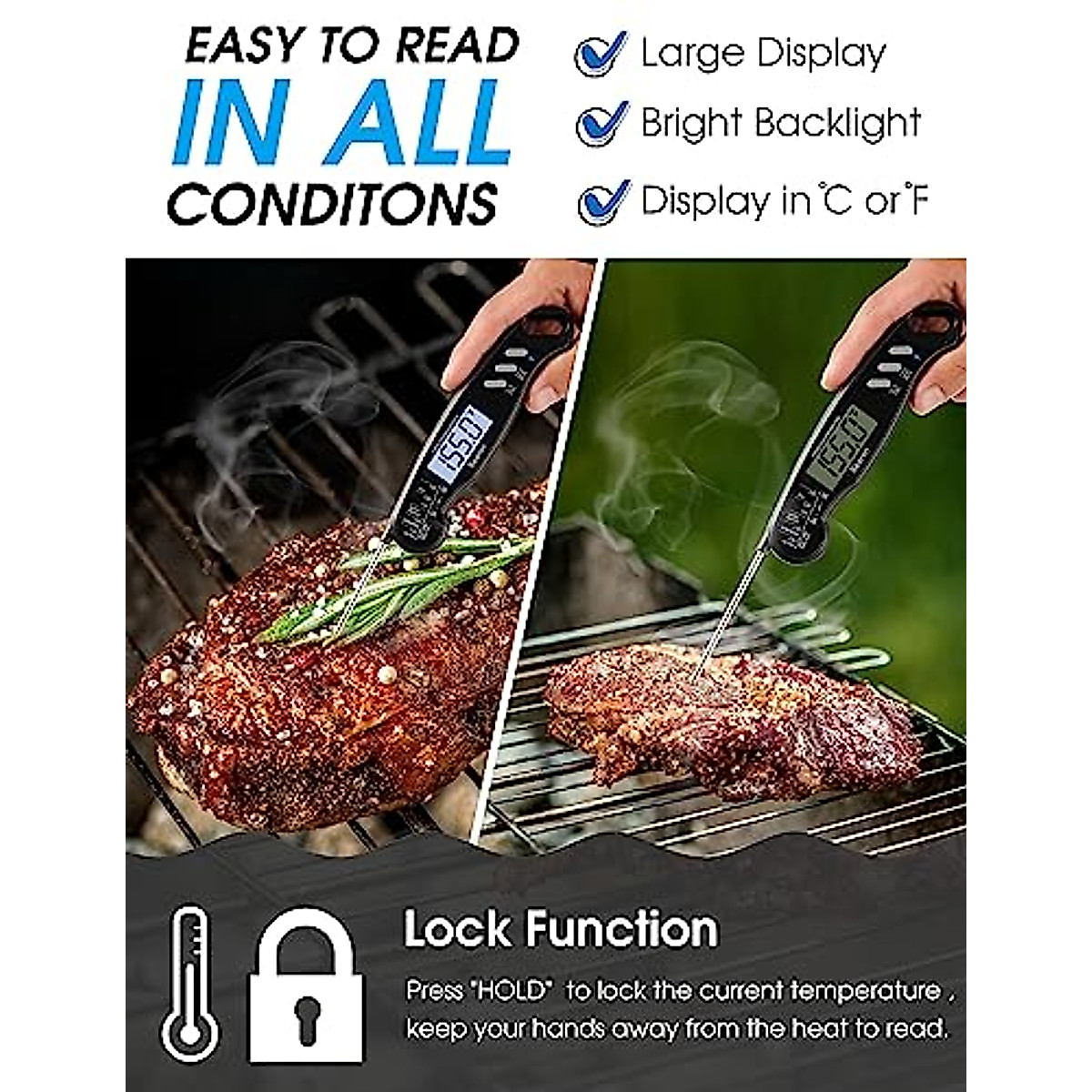 Searon Meat Thermometer,Digital Food Thermometer with Instant Read Out,Backlight and Waterproof,Kitchen Thermometer for BBQ Grilling, Smoker, Baking Turkey