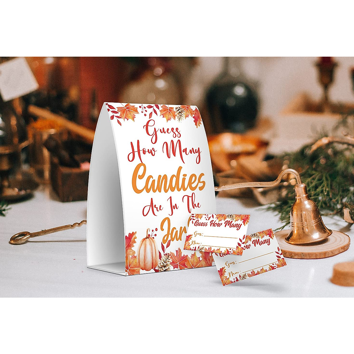 Guess How Many Candy Are In The Jar - Candy Guessing Game, Thanksgiving Party Games, 1 Sign and 50 Game Cards, Fall Maple Leaf, Pumpkin, Baby Shower Games, Birthday Party -GH004