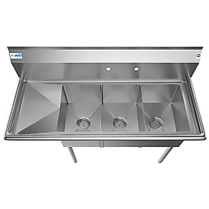 KoolMore 3 Compartment Stainless Steel NSF Commercial Kitchen Sink with Drainboard - Bowl Size 12" x 16" x 10",Silver
