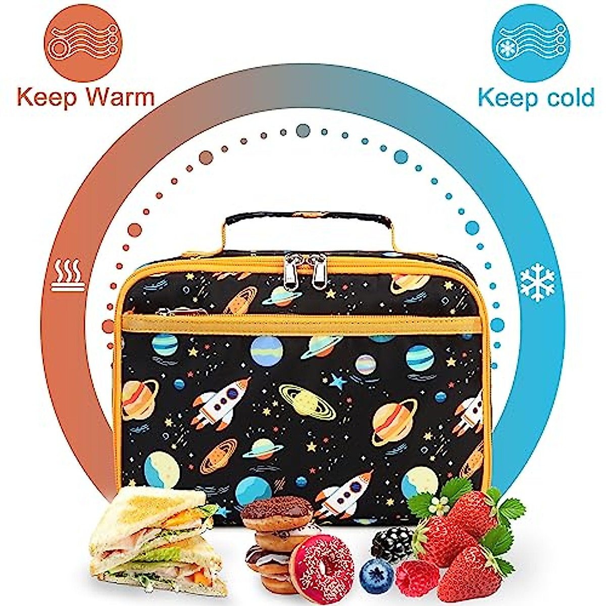 Kids Lunch Box Boys Girls Insulated Lunch Cooler Bag Reusable Lunch Tote Kit for School Travel (Rocket Planet)