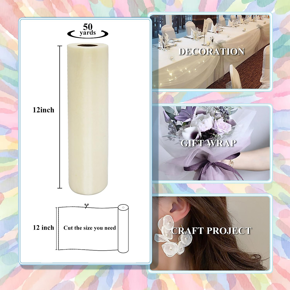 Ivory Tulle Crystal Organza Fabric Rolls 12 Inch by 50 Yards (150 feet) Sheer Fabric for DIY Tutu Bow Baby Shower Birthday Party Wedding Decorations Christmas Craft Supplies