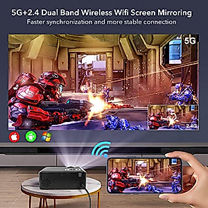 Projector with WiFi and Bluetooth, Native 1080P Portable Outdoor LED Movie Projector, Synchronize iOS & Android Smartphone Screen, Home Video Mini Projector Compatible with TV Stick/HDMI/USB/AV/Laptop