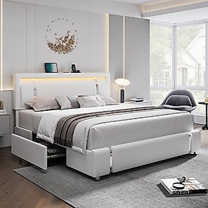 Keyluv King Size Bed Frame with RGB LED Lights & 2 Storage Drawers, Modern Upholstered Platform Bed with Iron Metal Decor, USB Charging Ports, White