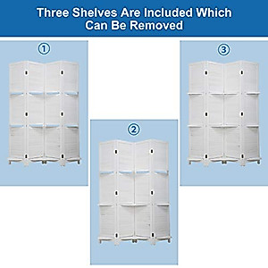 Tyyps 4 Panel 6 Ft Tall Wood Room Divider Folding Portable Privacy Wooden Screen Partition Wall Indoor/Outdoor Folding Screen w/Removable 3 Display Shelves Wooden Partitions for Home Office, White
