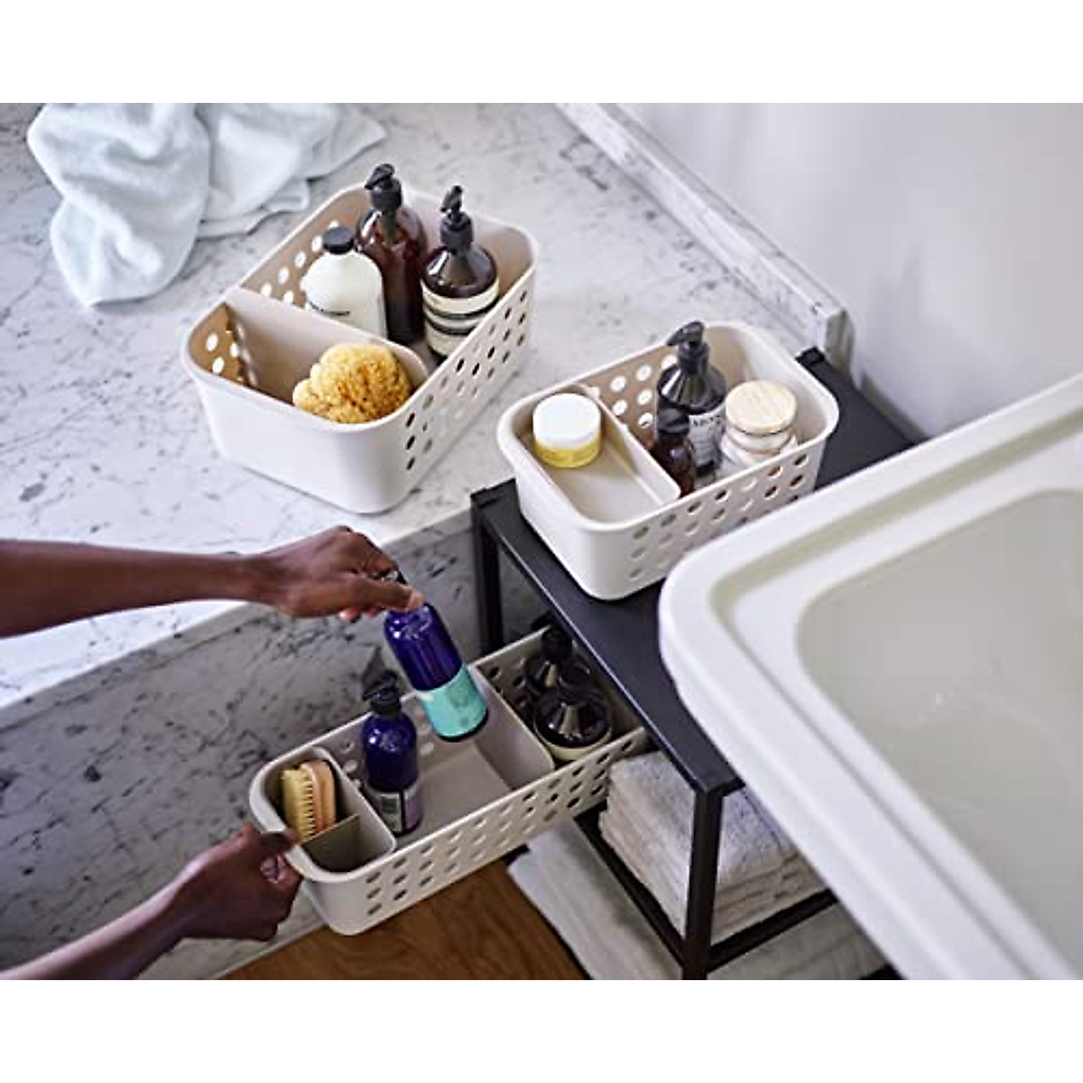 Joseph Joseph EasyStore - Slimline Bathroom essentials Storage Basket Organiser with moveable pot and divider, Ecru