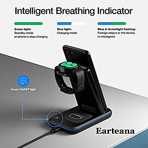 Wireless Charging Station for Samsung, Earteana 3 in 1 Qi Certified Charger/Stand for Samsung Galaxy S23/S22/S21/S20/Note20/10, Galaxy Watch4/Classic/3/1/Active 2/1, Buds+/Live with Adapter (Black)