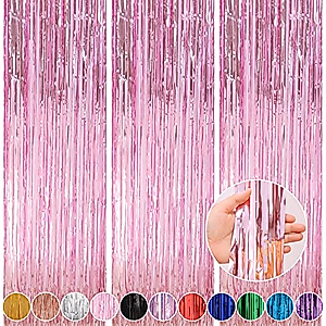 Crosize Pink Foil Fringe Backdrop Streamer Curtains for Birthday Party Decorations, Tinsel Curtain for Parties, Galentines Decor, Preppy, Photo Booth -3.3 x 9.9 ft, 3 Pack