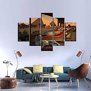 Ancient Egypt Princess Wall Art Egyptian Lady Women Artwork Animal Cheetah/ Leopard Pictures 5 Piece Prints Canvas Painting for Living Room House Decor Wooden Framed Ready to Hang Gift(60''Wx 40''H)