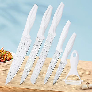 BRILENS Knife Set of 6, Ultra Sharp Stainless Steel Blades, Kitchen Knife Set with Nonstick Granite Coating and Easy-Grip Handle, Dishwasher-safe, White