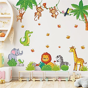 Jungle Animals Wall Sticker Monkey Giraffe Elephant Lion Zebra Wall Decals,Peel and Stick DIY Vinyl Mural Art for Kids Nursery Bedroom Living Room Playroom