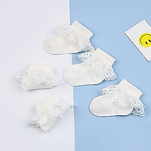 VINIKNIKA 6 Pairs Baby Girls Socks Newborn Ruffle Lace Socks Princess Frilly Knit Cotton Socks with Bows for Infant Toddler Kids (White 6 Pairs Set 6, 6_months)
