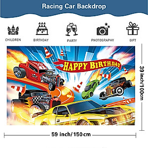 58 Pcs Hot Car Birthday Party Supplies,Included Banner,Hanging Swirls,Tablecloth,Cake Topper,Cupcake Toppers,Backdrop,Balloon for Boy and Girl Wheel Party Decorations