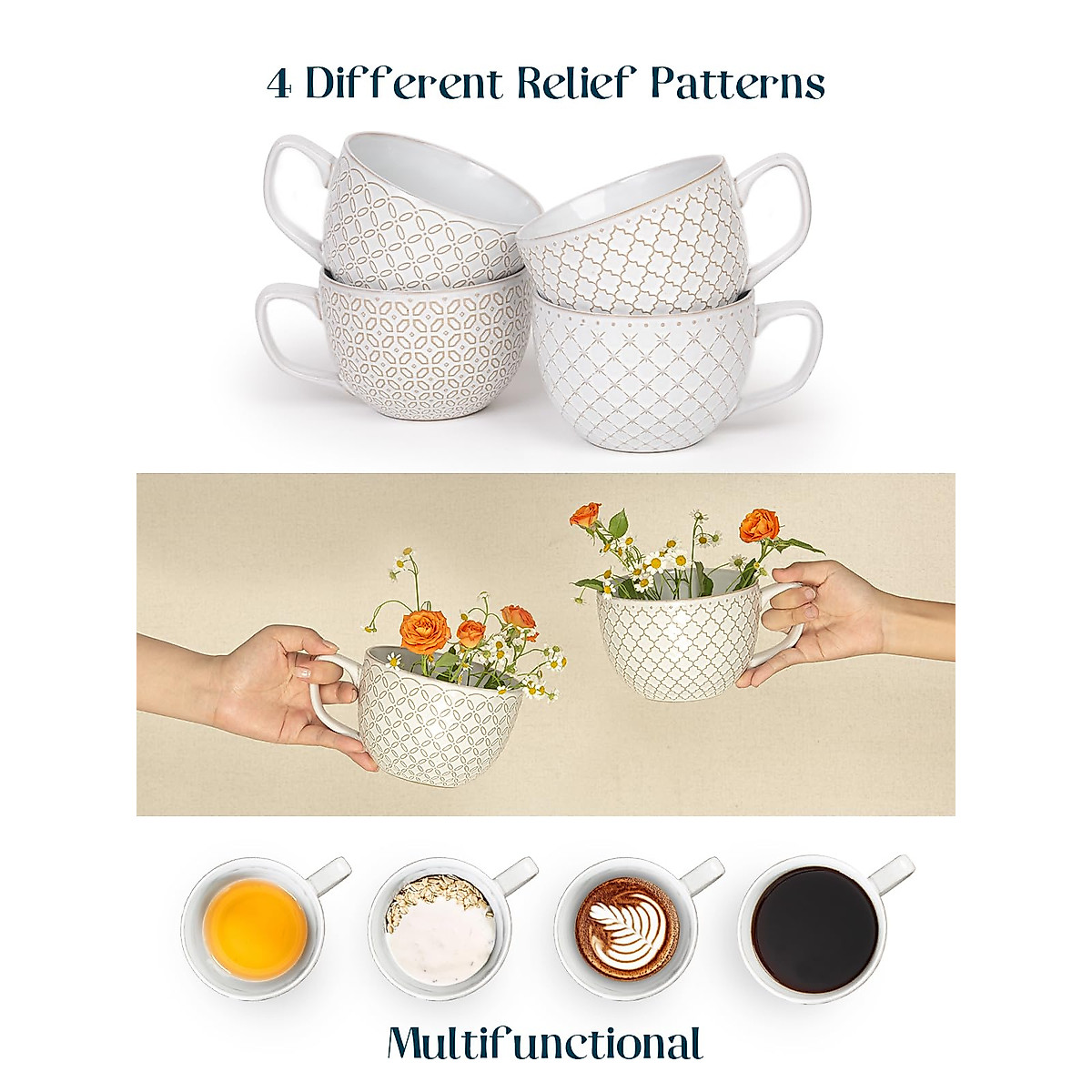 DOWAN 24oz Coffee Mugs, Large Soup Mugs with Handle for Enjoying Coffee, Soup, Ramen and Cereal at Home or in the Office. (Mug set of 4)