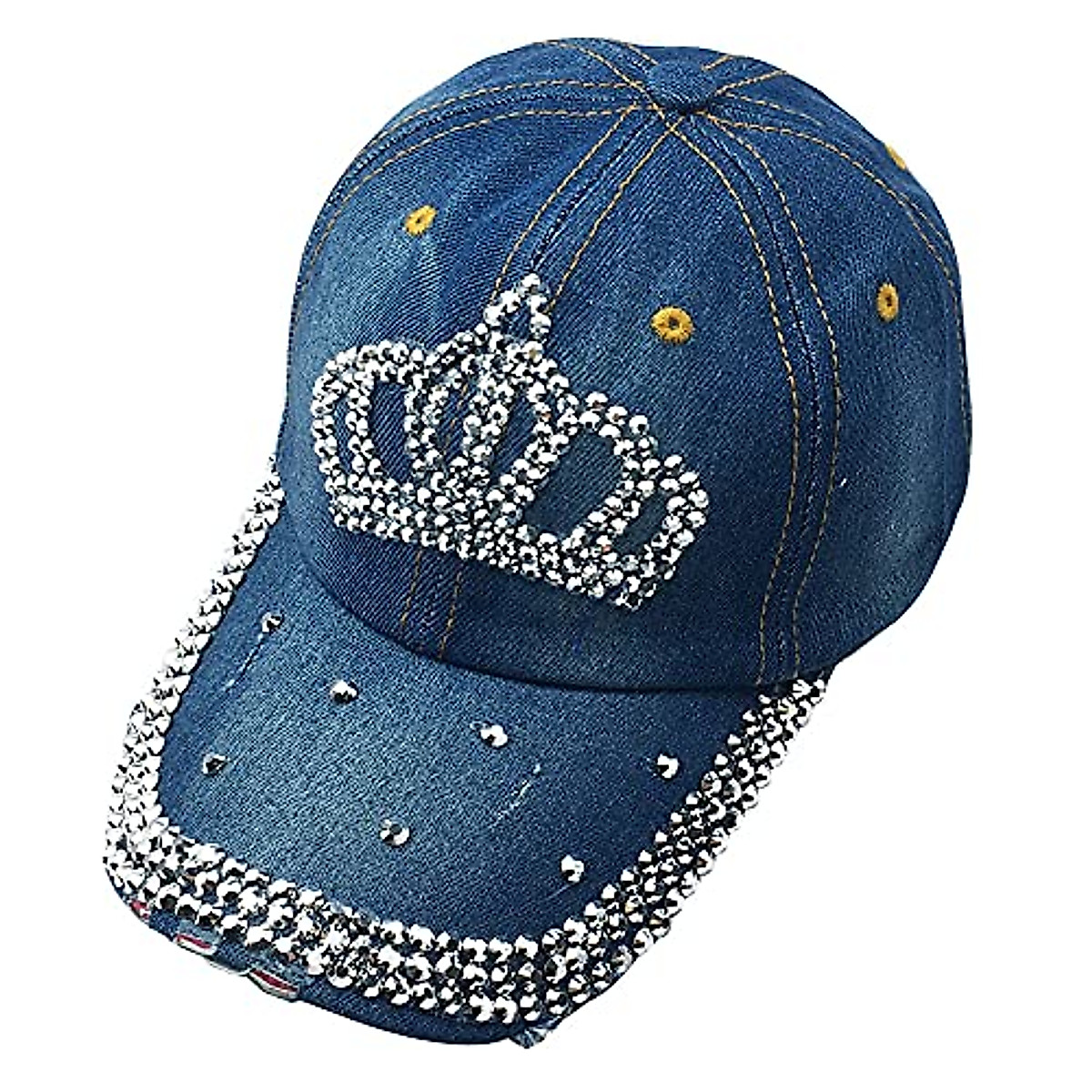 Kangqifen Women Rhinestone Pattern Distressed Denim Baseball Cap Sparkle Bling Hat Adjustable Crown