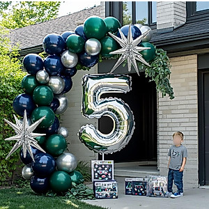 Navy Blue Green Silver Balloon Garland Double Stuffed Dark Green Silver Balloon Forest Green Navy Balloon Silver Metallic Balloon Arch Kit for Birthday Football Game Dinosaur Grad Party Decoration