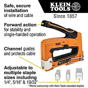 Klein Tools 450-100 Heavy Duty Stapler for Voice, Data, Video and Nonmetallic Sheathed (Romex) Cable Fits 1/4-, 5/16-, and 19/32-Inch Staples