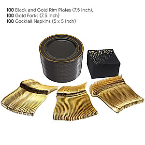 Stylish 7.5 Inch Gold and Black Cake Plates with Disposable Forks and Cocktail Napkins (100 Set of Each) - Small Appetizer Plates, Disposable Cake Plates or Salad Plate - Black Plastic Dessert Plates