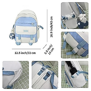 FORJMMP Aesthetic Backpack with Kawaii Accessories, Lightweight Casual Daypack for Women (White+Blue)