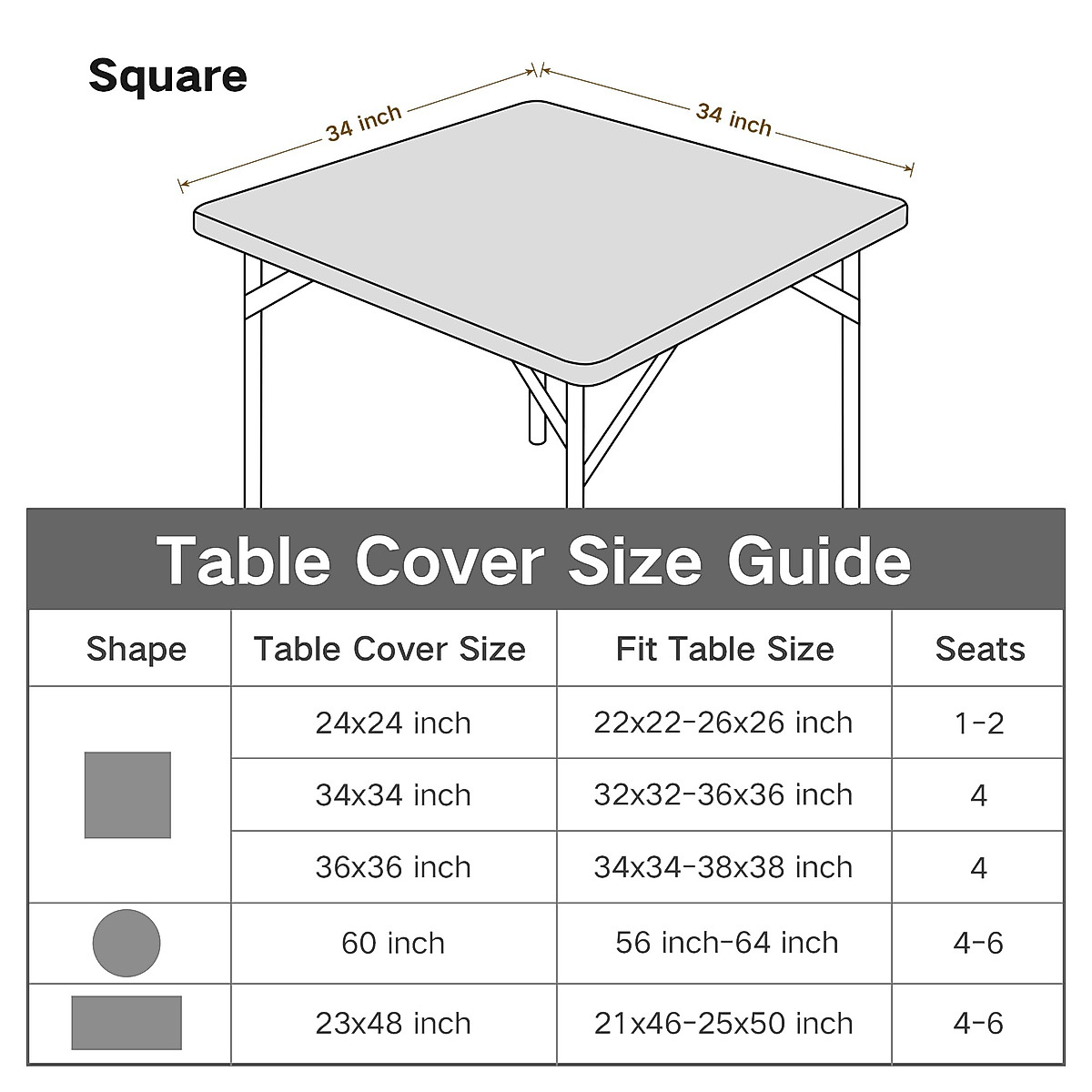 Nacuci Square Fitted Table Cover Elastic Tablecloth Stretch Spandex Table Top Cover Table Topper Cap for Dining Kitchen Home Party Black 34X34 Inch