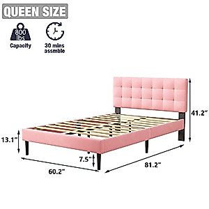 UNIZONE Queen Size Upholstered Bed Frame with Tufted Headboard, Velvet Platform Bed with Headboard, Wood Slats Support, Mattress Foundation, No Box Spring Needed, Easy Assembly, No Squeak, Pink