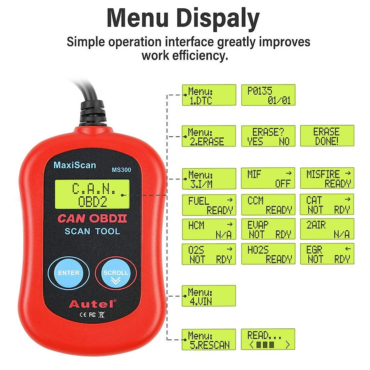 Autel MaxiScan MS300 Car OBD2 Scanner Code Reader Engine Fault Code Reader Scanner CAN Diagnostic Scan Tool for All OBD II Protocol Cars Since 1996, Red