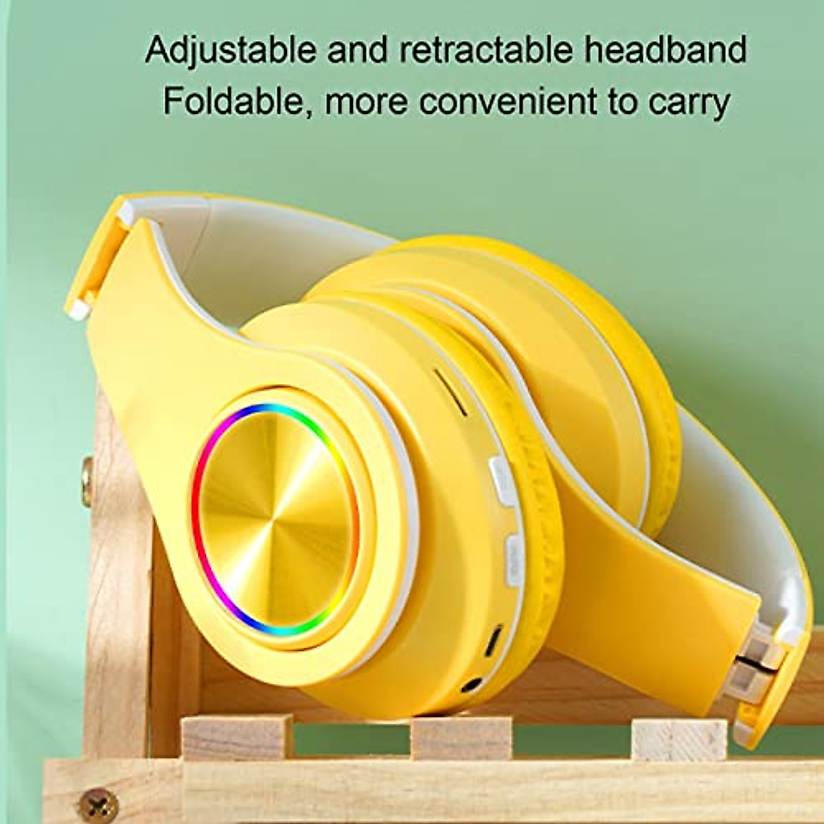 Cryfokt Noise Reduction Bluetooth Headset for Kids, Foldable Over Ear Headphone Wireless Wired Headphones with Colorful Light for Phone, Laptop, Tablets, Online Learning(Yellow)