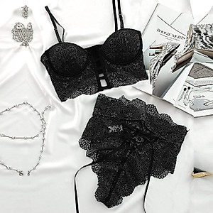 Aniywn Women Sexy Push Up Lace Bra and High Waist Panty Set Women Bralette Lingerie 2 Piece Outfits Babydoll Bodysuit Black