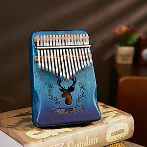 Kalimba 17 Key Thumb Piano Finger Piano Handhold Mbira Premium Mahogany Deer Pattern Portable Musical Instrument Gifts for Kids Amateur and Beginner (Gradient Blue)