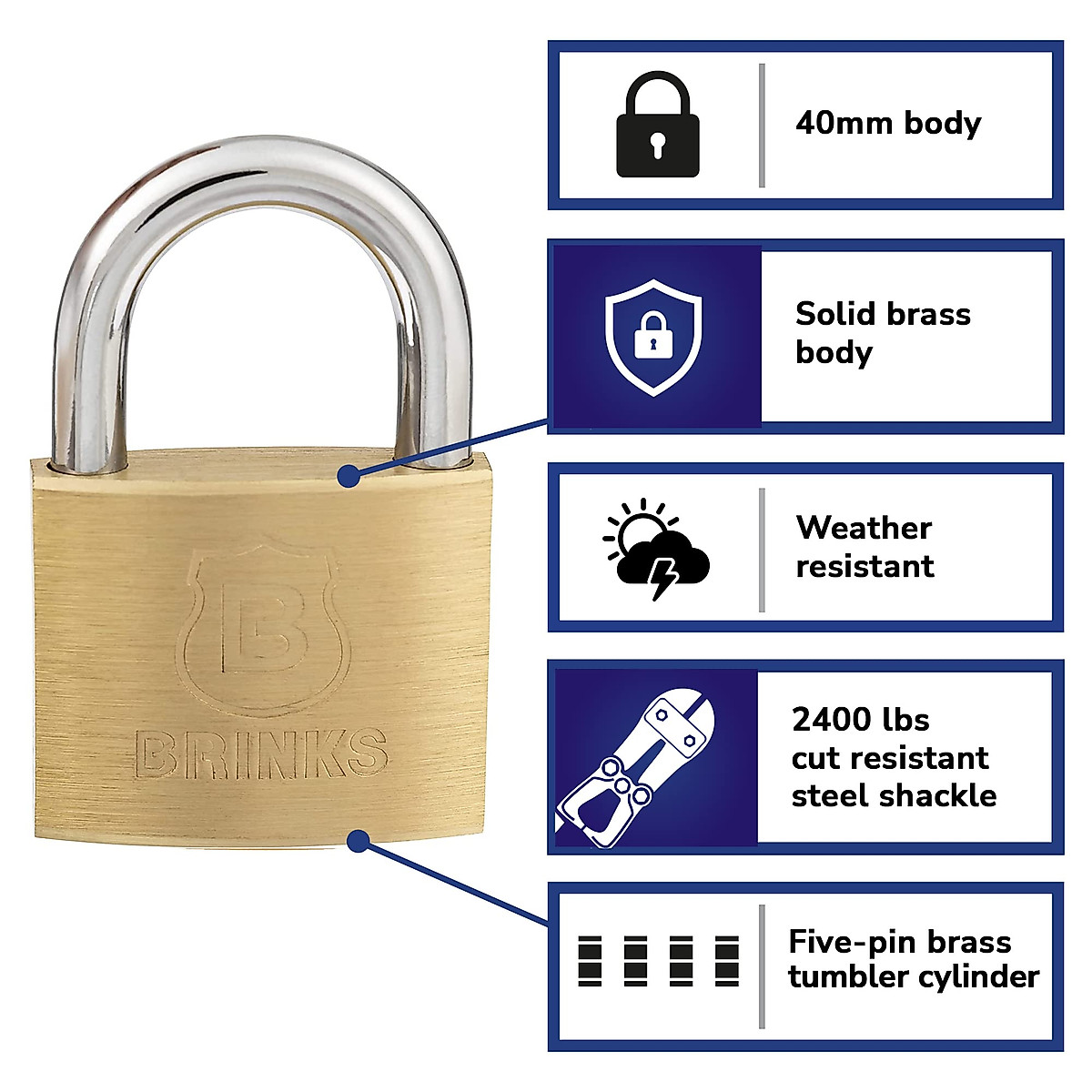 BRINKS - 40mm Solid Brass Keyed Padlock with 7/8” Shackle Clearance, 4-Pack - Chrome Plated with Hardened Steel Shackle, (171-40401)