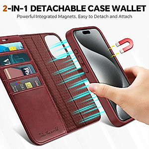 TUCCH Wallet Case for iPhone 15 Pro Max, [Removable] Stand RFID Blocking 4 Card Slots Wireless Charging Protective Case, 2-in-1 Detachable PU Leather Folio Compatible with iPhone 15 Pro Max, Dark Red